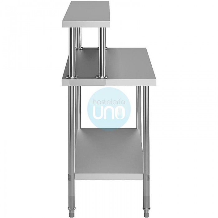 Mesa con Estante Alto, 2,2 Metros Largo, Acero inoxidable